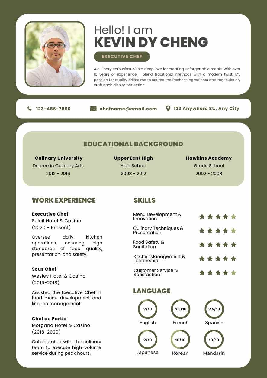 Slide Resume Modern untuk Koki - Template Presentasi Gratis - SlidesCarnival