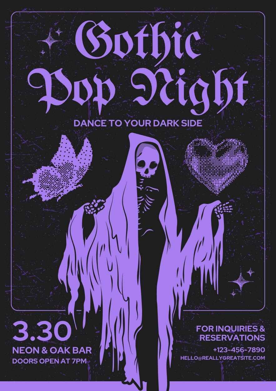 Template de pôster pop gótico para PowerPoint e Canva