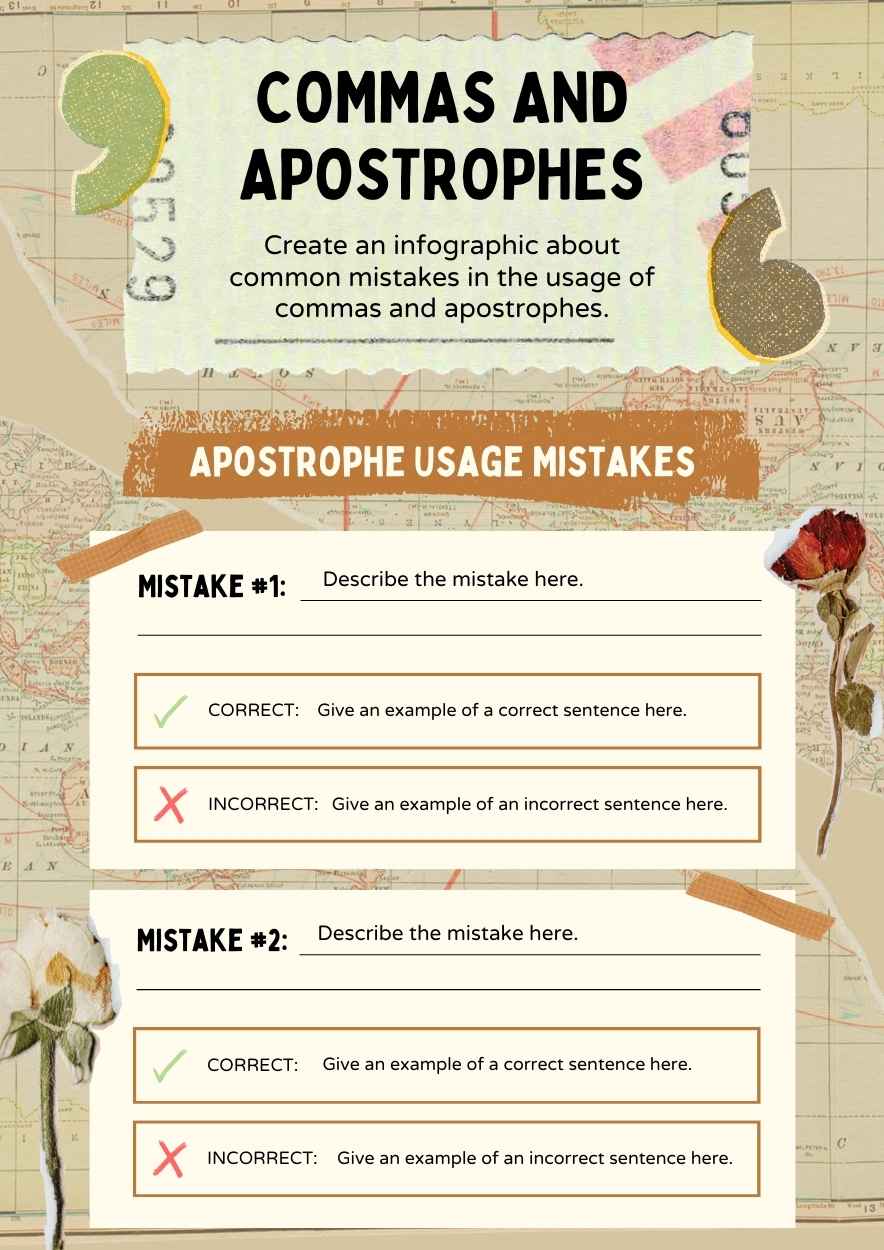 Template lembar kerja koma dan apostrof gratis