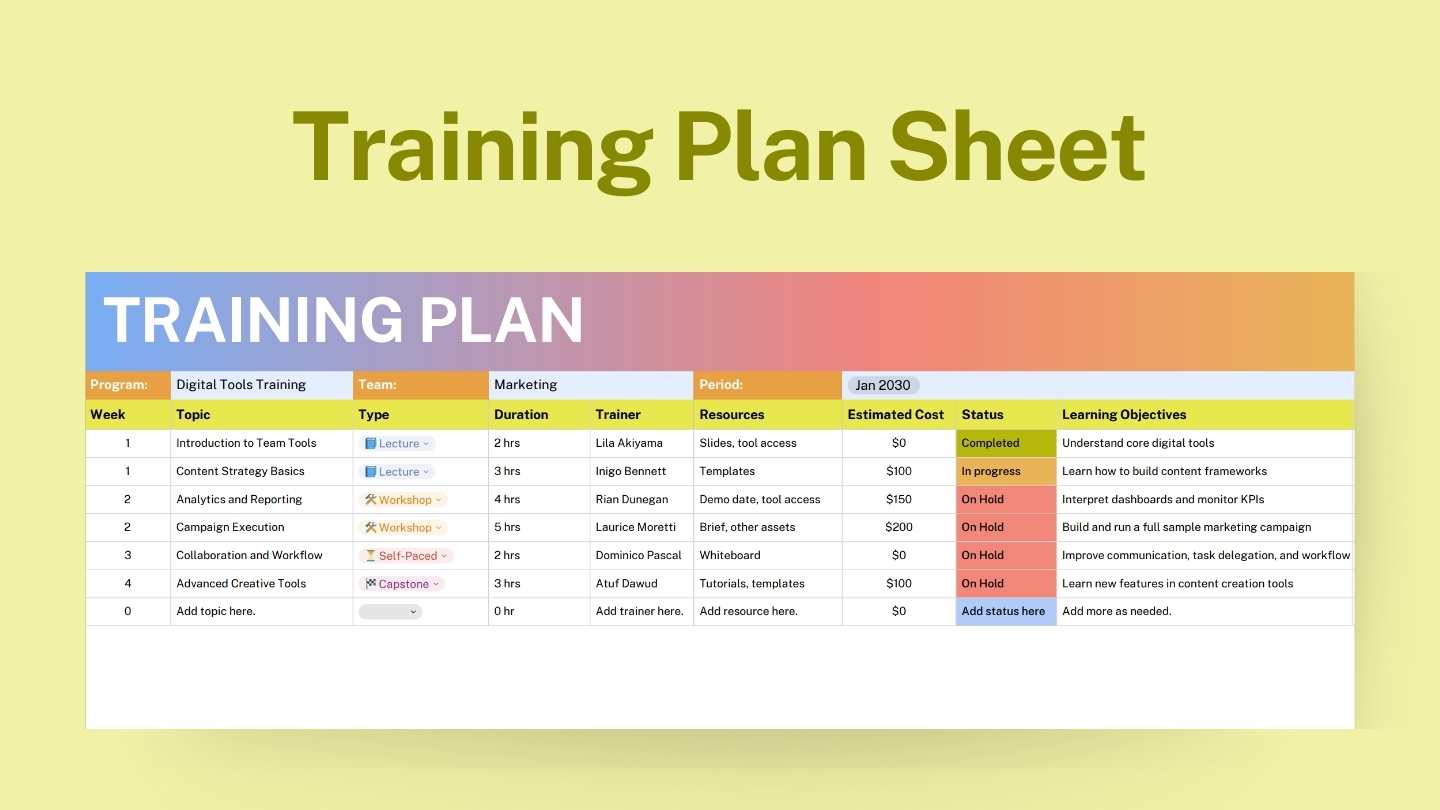 Template spreadsheet rencana pelatihan gratis