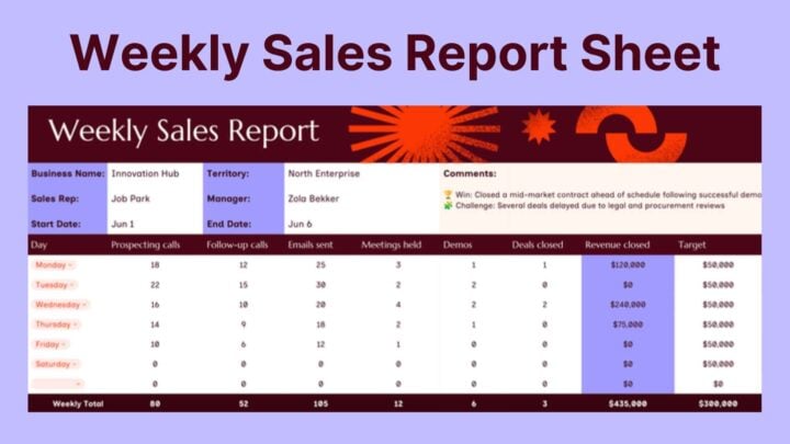 Weekly Sales Report Sheet. Free Sheet Template — SlidesCarnival